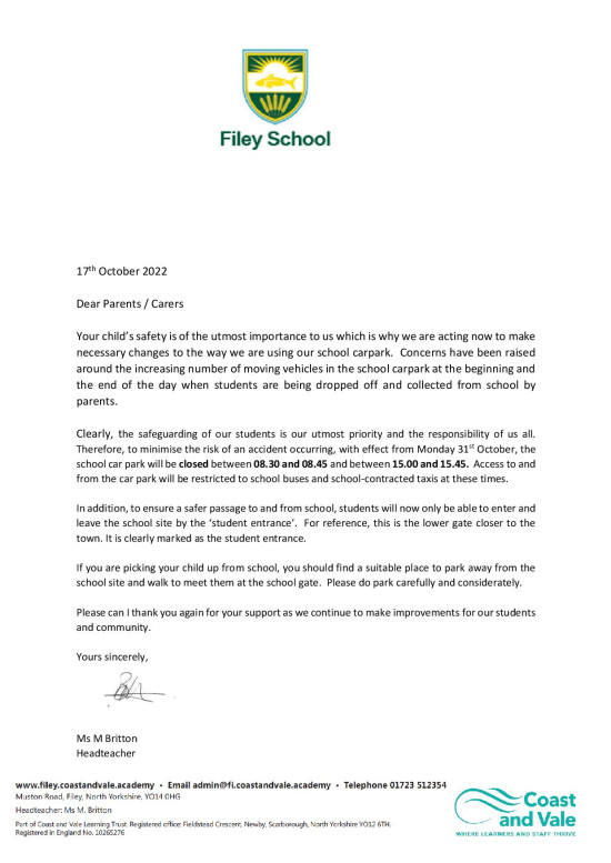 Filey School - Car Park Safety